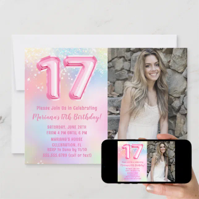 Photo Pink Rainbow 17th Birthday Invitation | Zazzle