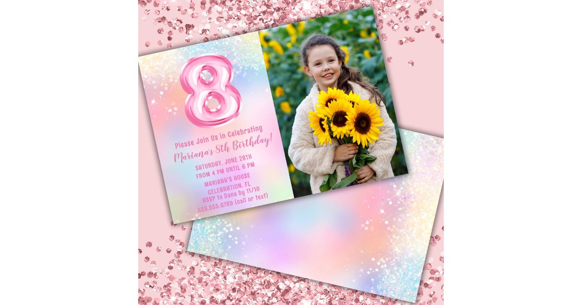 Photo Pink Rainbow 8th Birthday Invitation | Zazzle