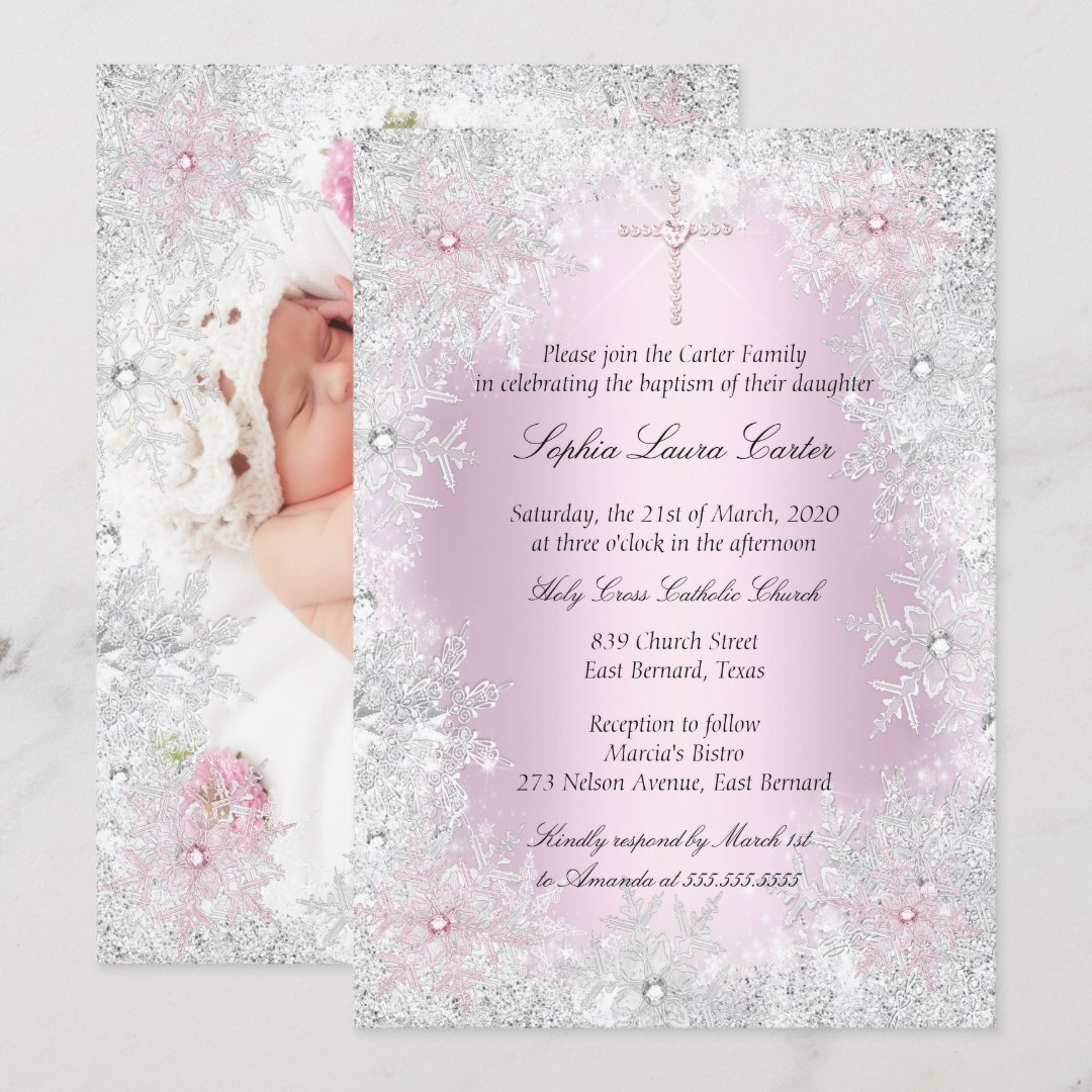 Photo Pink Silver Snowflakes Girl Baptism Cross Invitation | Zazzle