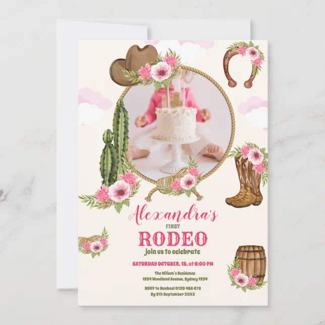 Photo Pink Western First Birthday Rodeo Baby Girl Invitation | Zazzle