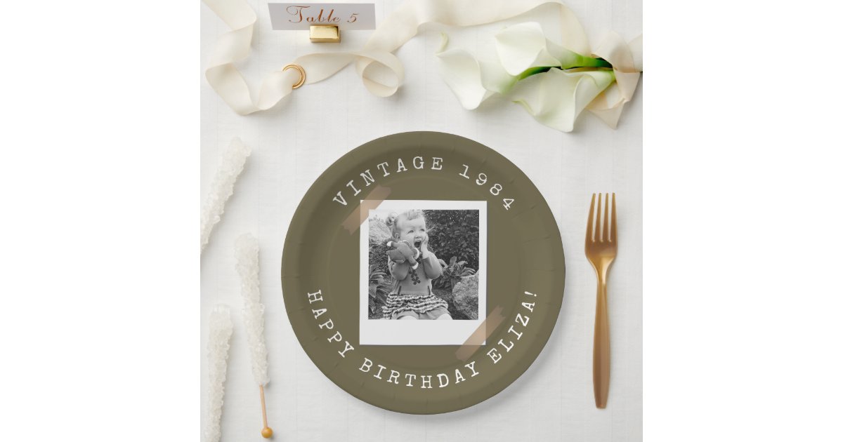 Photo Polaroid Vintage Birthday Greyish Brown Paper Plates | Zazzle