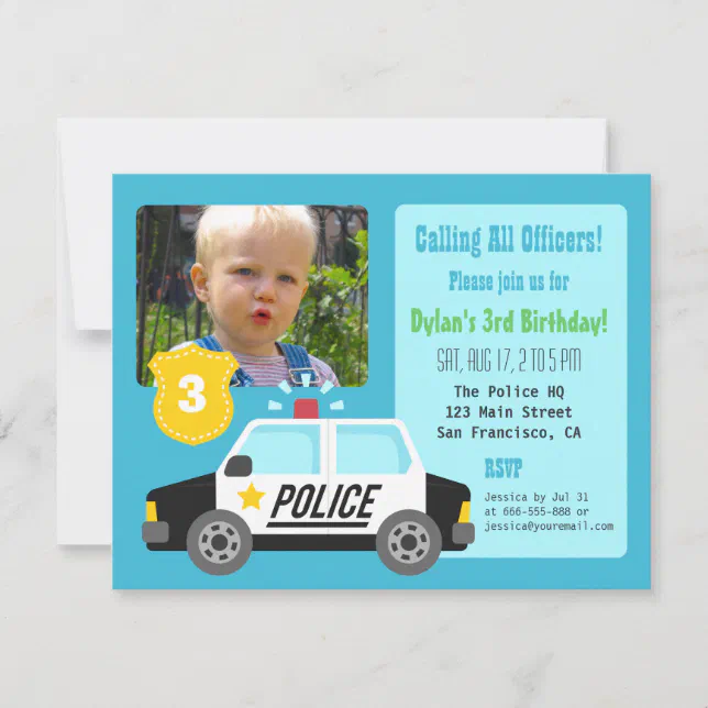 Photo Police Car Kids Birthday Party Invitation | Zazzle