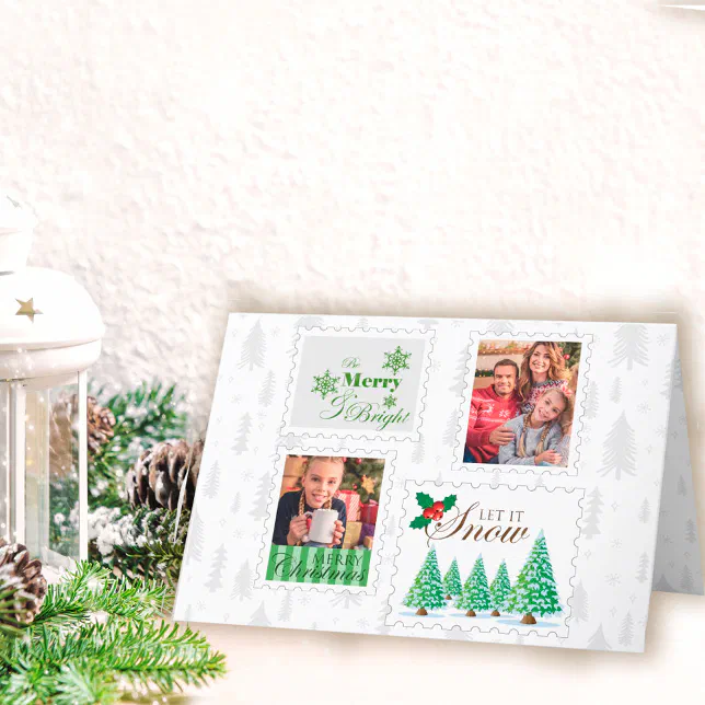 Photo Postage Stamps and Christmas Tree Holiday Card | Zazzle