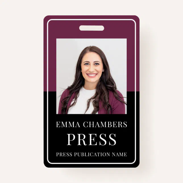 Photo Press Pass Burgundy Black ID Badge | Zazzle
