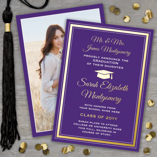 Photo Purple and Gold Foil Graduation Announcement | Zazzle