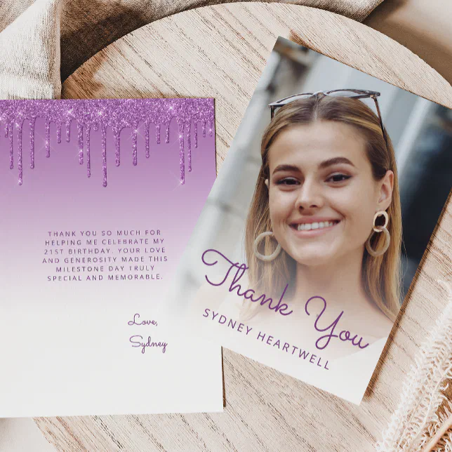Photo Purple Glitter Drip Birthday Thank You Card | Zazzle