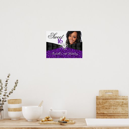 Photo Purple Glitter Sweet 16 16th Birthday Banner Poster | Zazzle