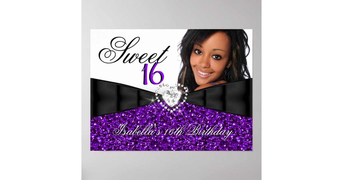 Photo Purple Glitter Sweet 16 16th Birthday Banner Poster | Zazzle