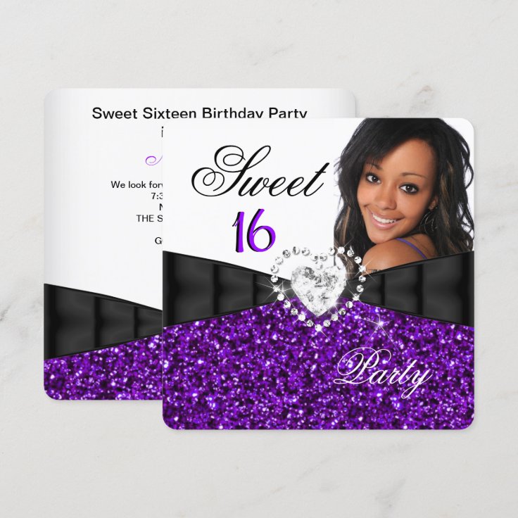 Photo Purple Glitter Sweet 16 16th Birthday Party Invitation | Zazzle