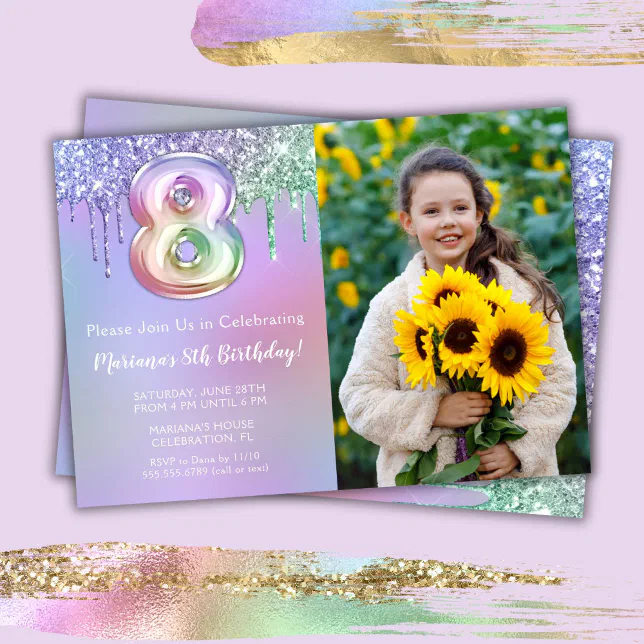 Photo Purple Pink Glitter 8th Birthday Party Invitation | Zazzle