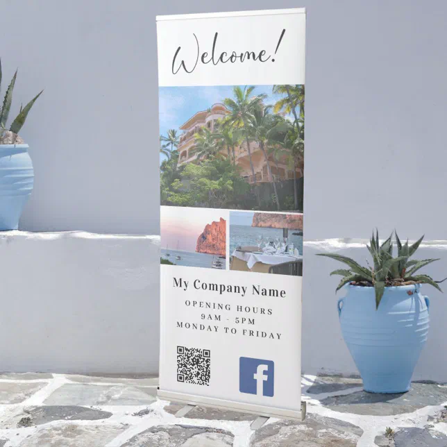 Photo QR code Facebook business welcome Retractable Banner | Zazzle