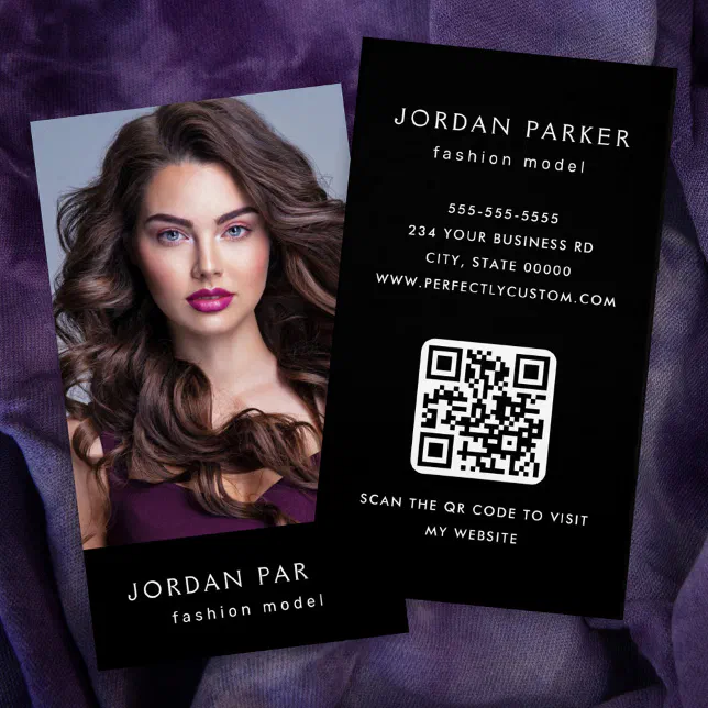 Photo QR code fashion model black business cards | Zazzle
