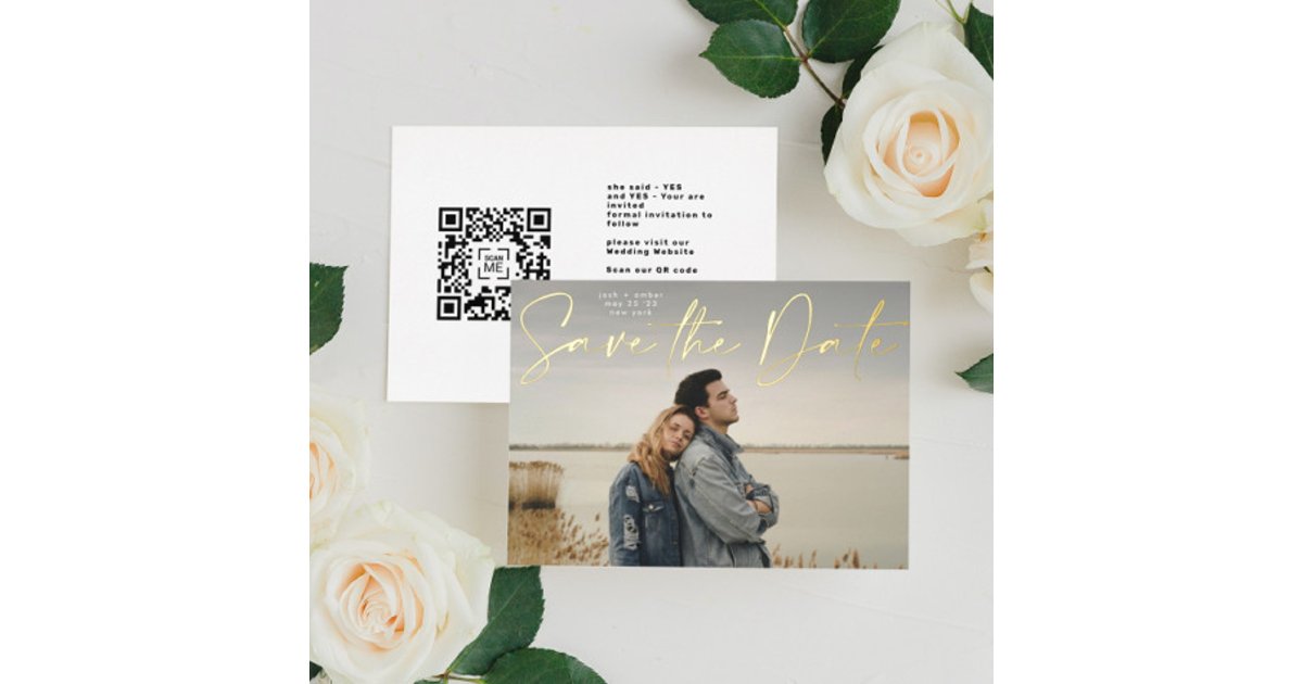 Photo QR code Gold Foil Save The Date Card | Zazzle