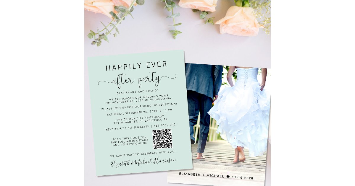 Photo QR Code Mint Wedding Reception Invitation | Zazzle