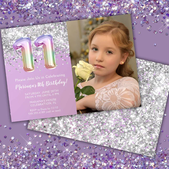 Photo Rainbow Sparkle 11th Birthday Invitation | Zazzle