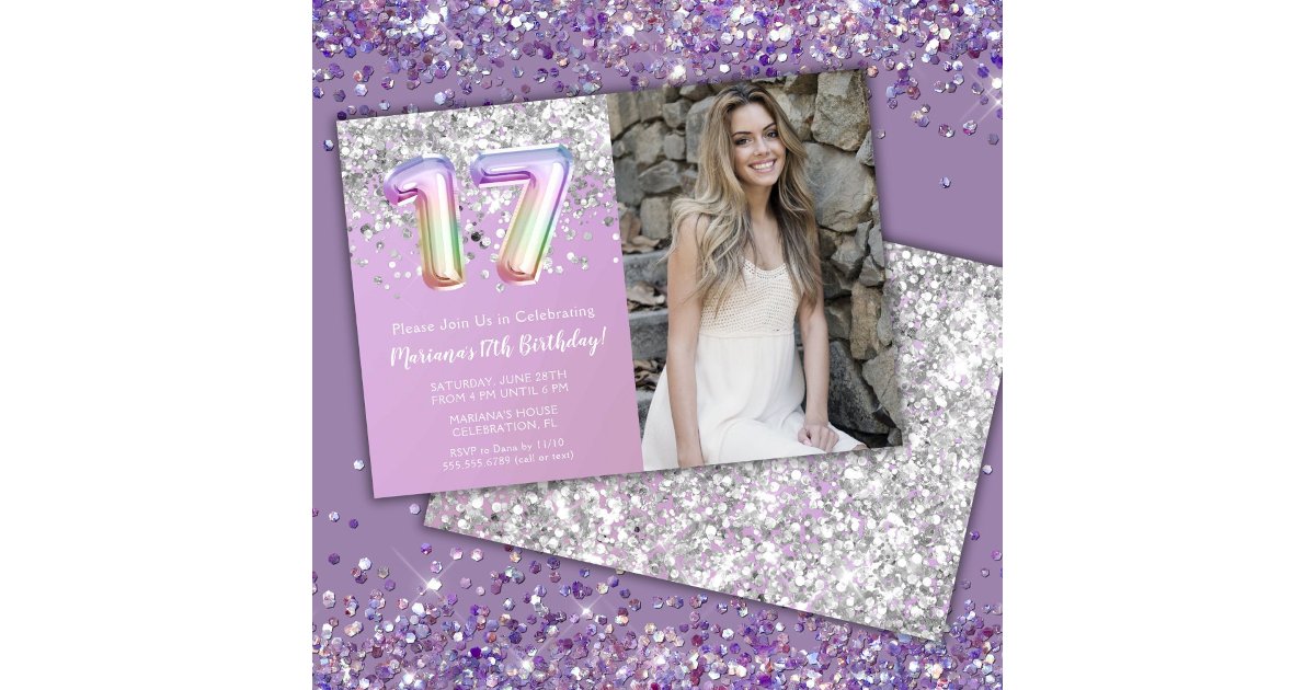 Photo Rainbow Sparkle 17th Birthday Invitation | Zazzle