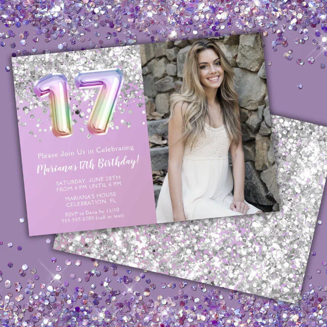 Photo Rainbow Sparkle 17th Birthday Invitation | Zazzle