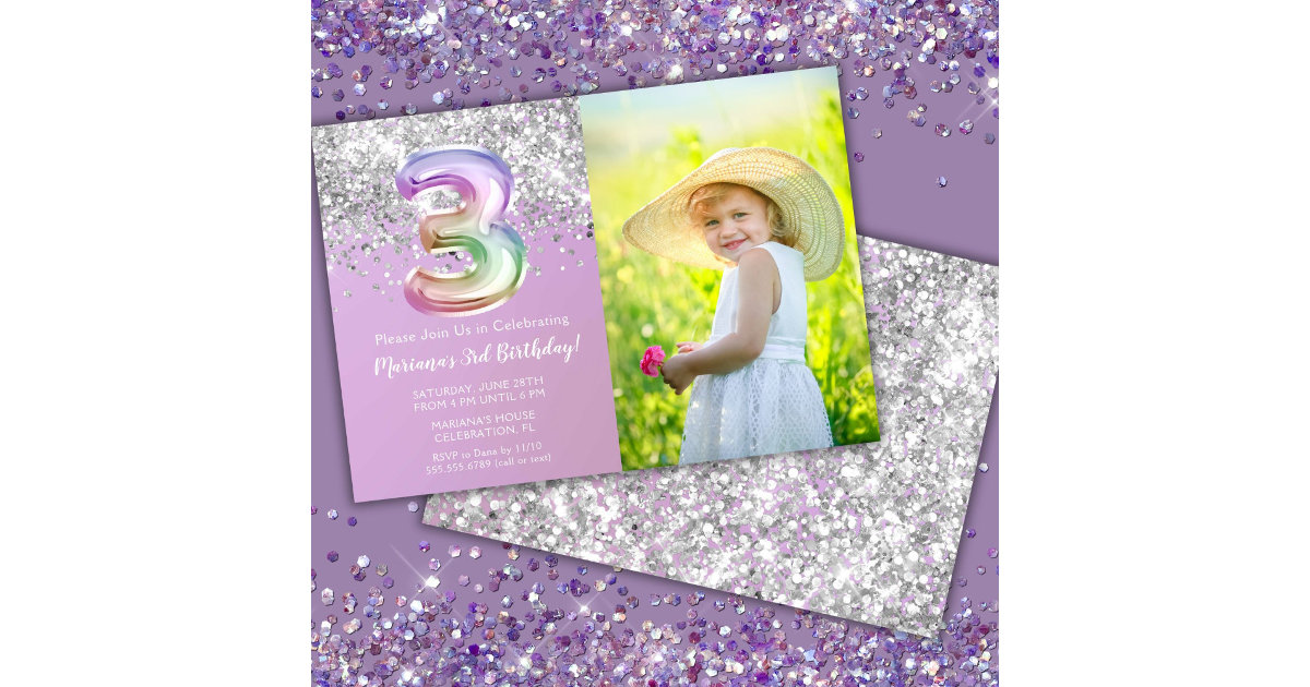Photo Rainbow Sparkle 3rd Birthday Invitation | Zazzle