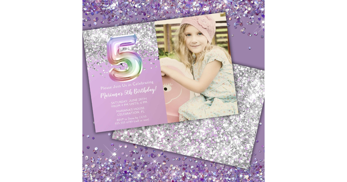 Photo Rainbow Sparkle 5th Birthday Invitation | Zazzle