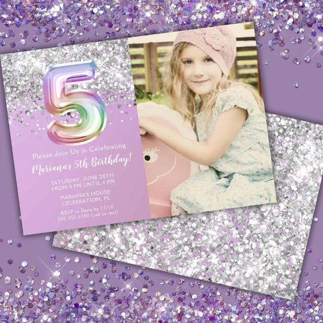 Photo Rainbow Sparkle 5th Birthday Invitation | Zazzle