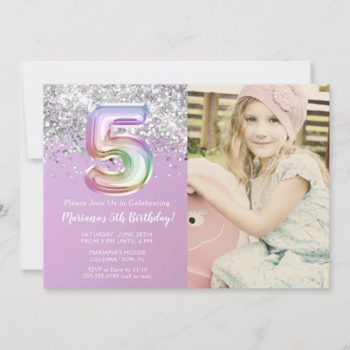 Photo Rainbow Sparkle 5th Birthday Invitation | Zazzle