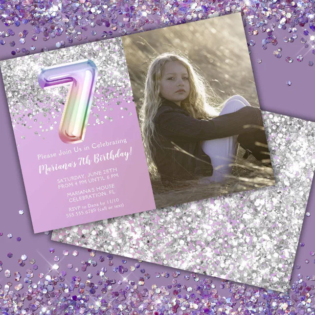 Photo Rainbow Sparkle 7th Birthday Invitation | Zazzle