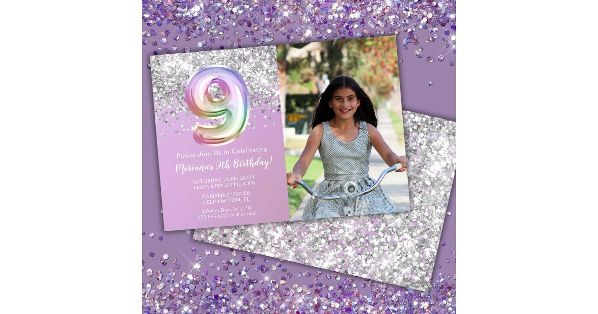 Photo Rainbow Sparkle 9th Birthday Invitation | Zazzle