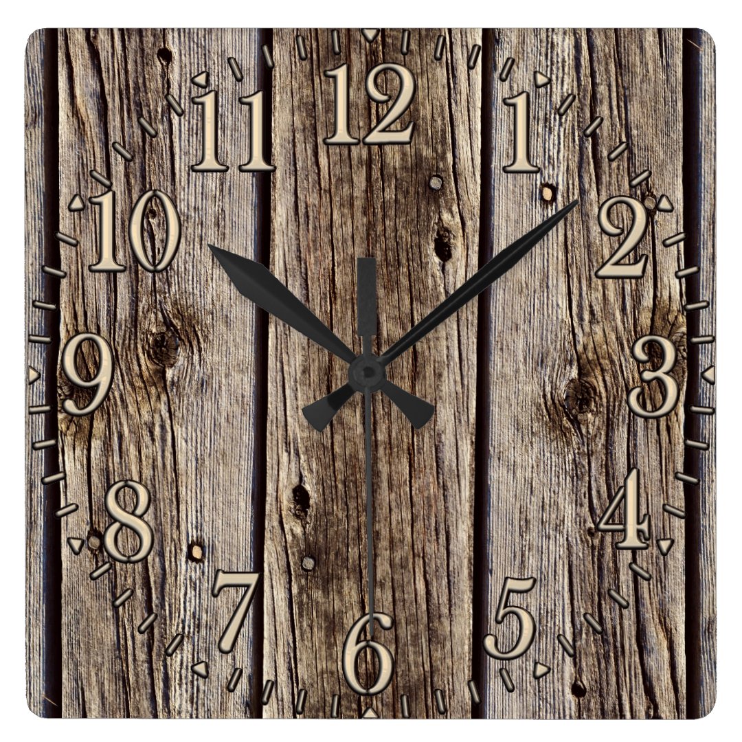 Photo Realistic Rustic, Weathered Wood Board Square Wall Clock | Zazzle