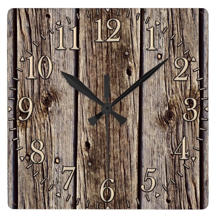 Photo Realistic Rustic, Weathered Wood Board Square Wall Clock | Zazzle