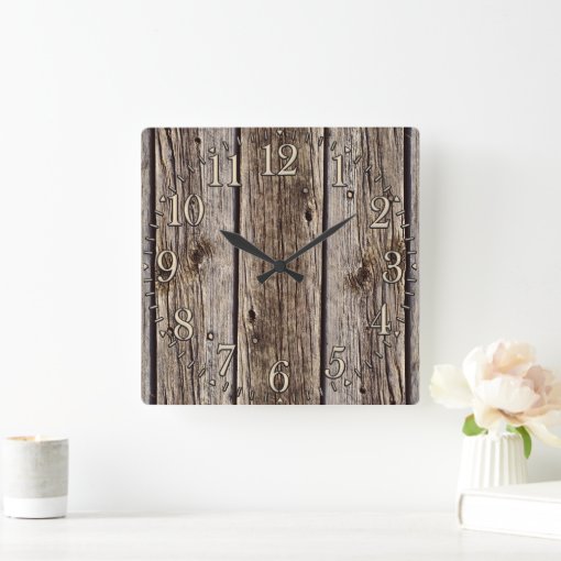 Photo Realistic Rustic, Weathered Wood Board Square Wall Clock | Zazzle