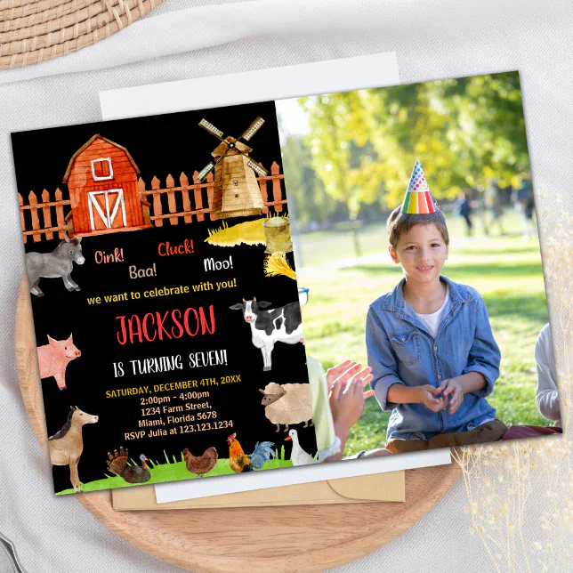 Photo Red Black Red Farm Animals Birthday Invitation | Zazzle