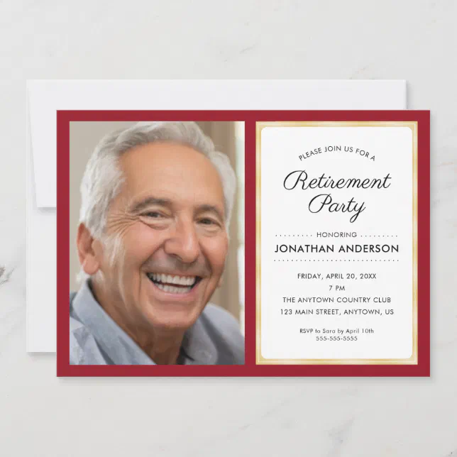 Photo Retirement Party | Red and Gold Invitation | Zazzle