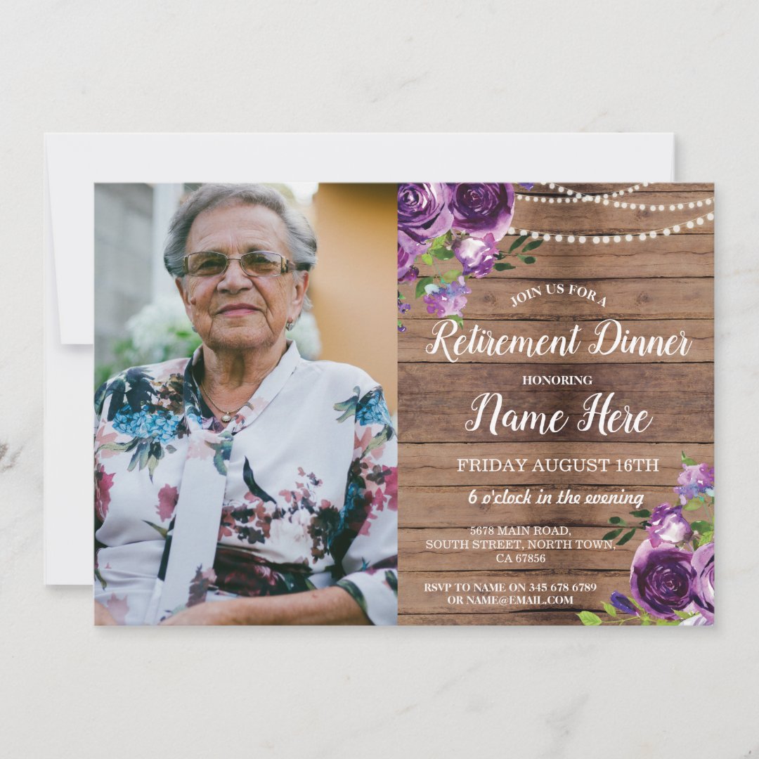 Photo Retirement Party Retire Purple Wood Flowers Invitation | Zazzle