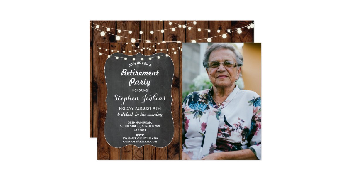 Photo Retirement Party Rustic Lights Wood Chalk Invitation | Zazzle.com