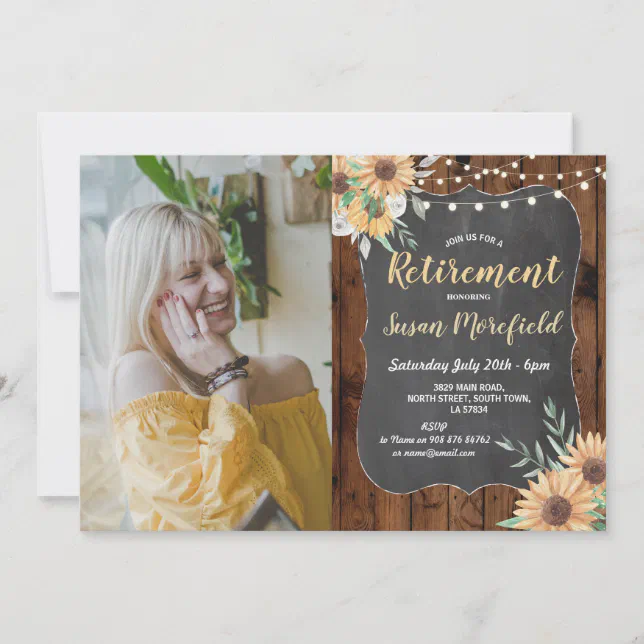 Photo Retirement Party Rustic Wood Sunflower Invitation | Zazzle