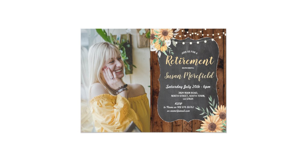 Photo Retirement Party Rustic Wood Sunflower Invitation | Zazzle.com