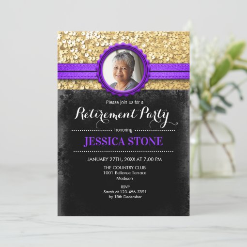Photo Retirement - Purple Gold Black Invitation | Zazzle