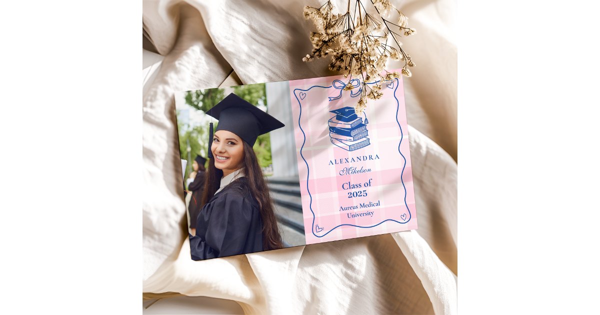 Photo Retro Hand Drawn Pink and Blue Graduation Announcement | Zazzle