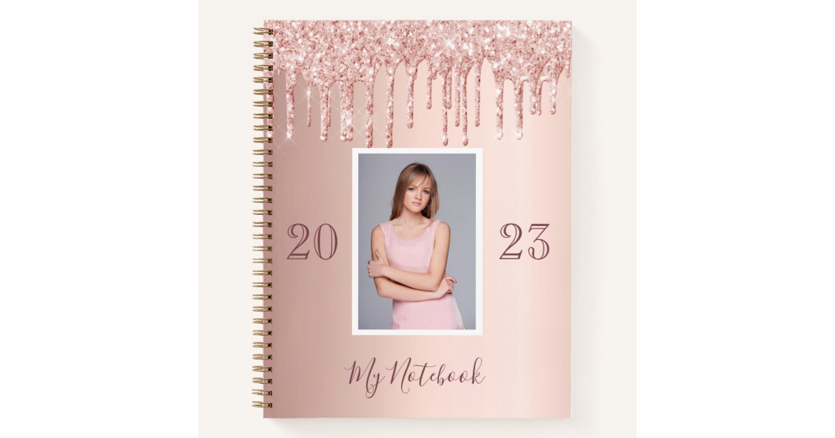 Photo rose gold glitter drips glam girly diary notebook | Zazzle