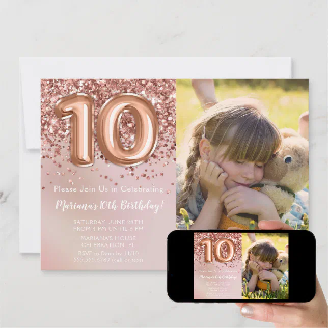 Photo Rose Gold Kids Girl 10th Birthday Party Invitation | Zazzle