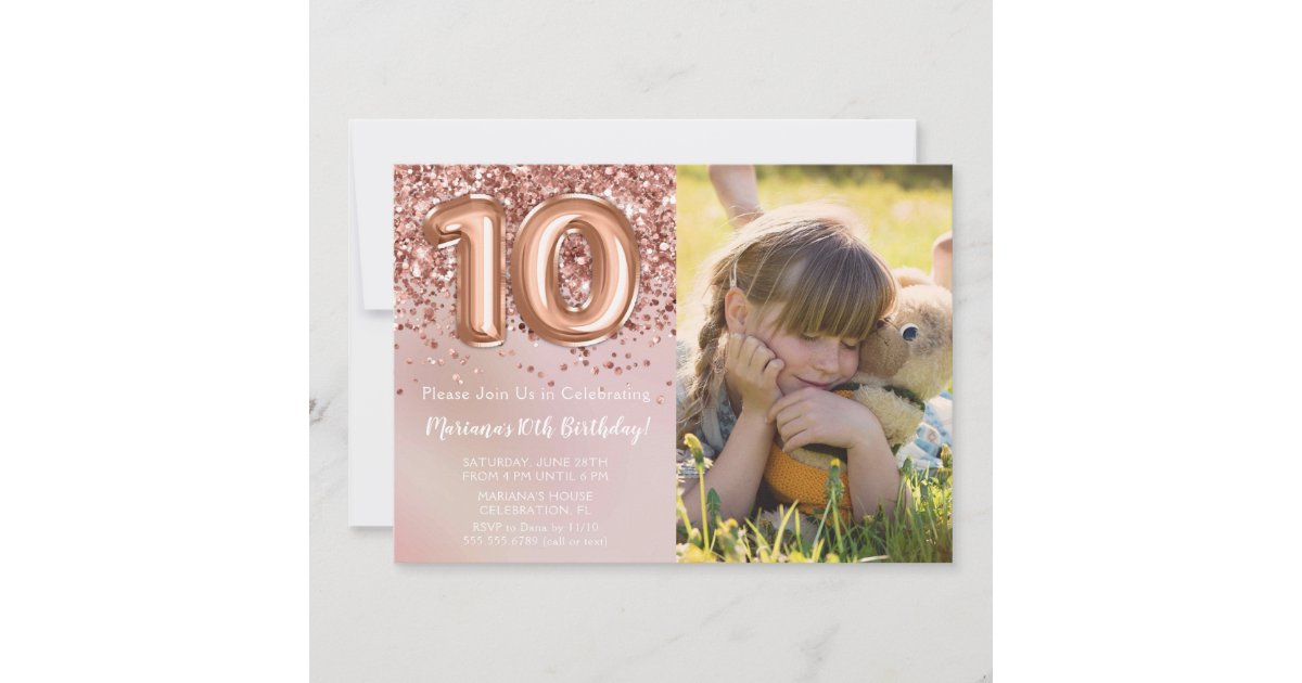Photo Rose Gold Kids Girl 10th Birthday Party Invitation | Zazzle