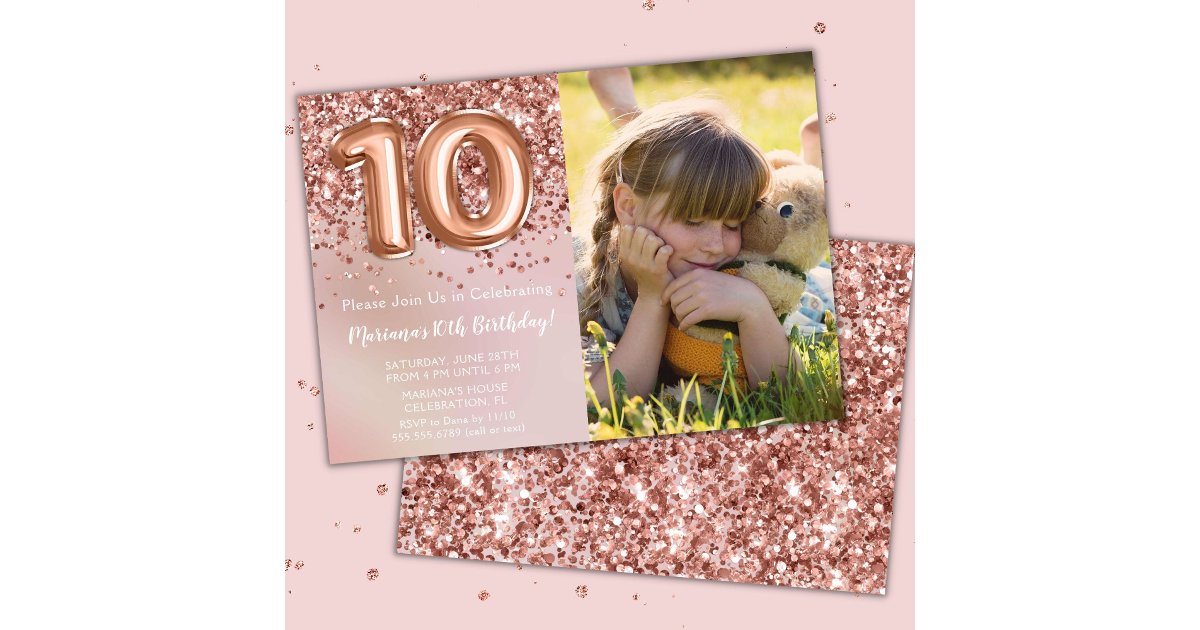Photo Rose Gold Kids Girl 10th Birthday Party Invitation | Zazzle