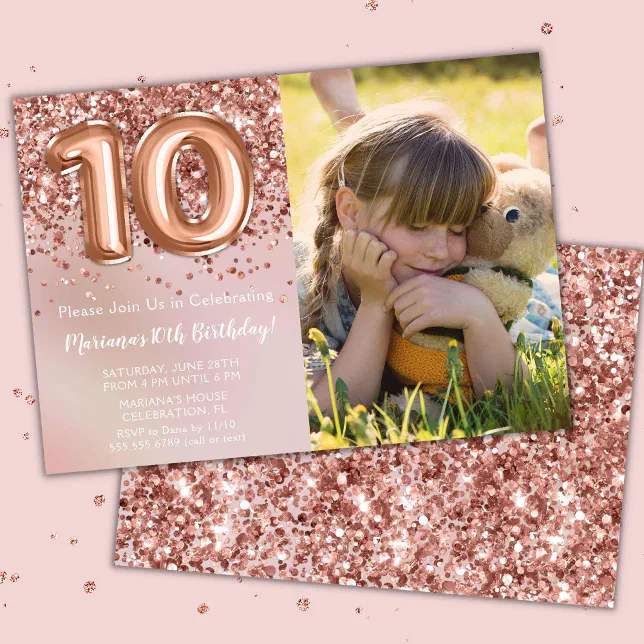 Photo Rose Gold Kids Girl 10th Birthday Party Invitation | Zazzle