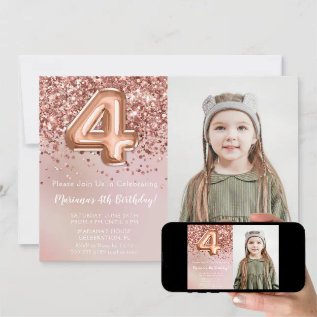 Photo Rose Gold Kids Girl 4th Birthday Party Invitation | Zazzle