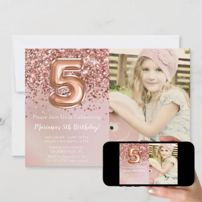 Photo Rose Gold Kids Girl 5th Birthday Party Invitation | Zazzle