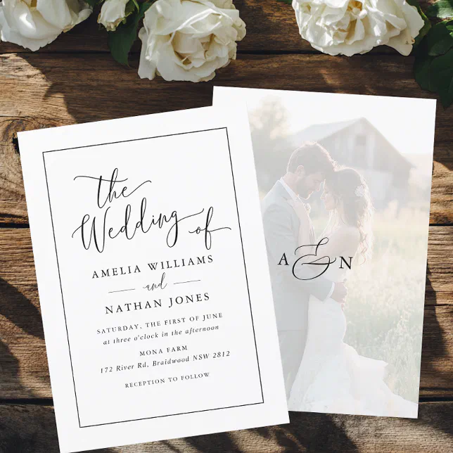 Photo Rustic Script Black White Wedding Invitation | Zazzle