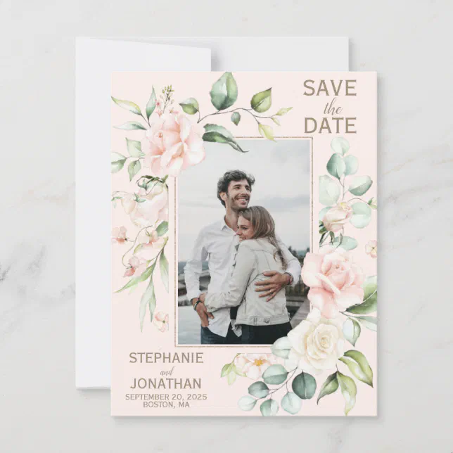 Photo Save the Date with Pink Floral Rose Frame | Zazzle