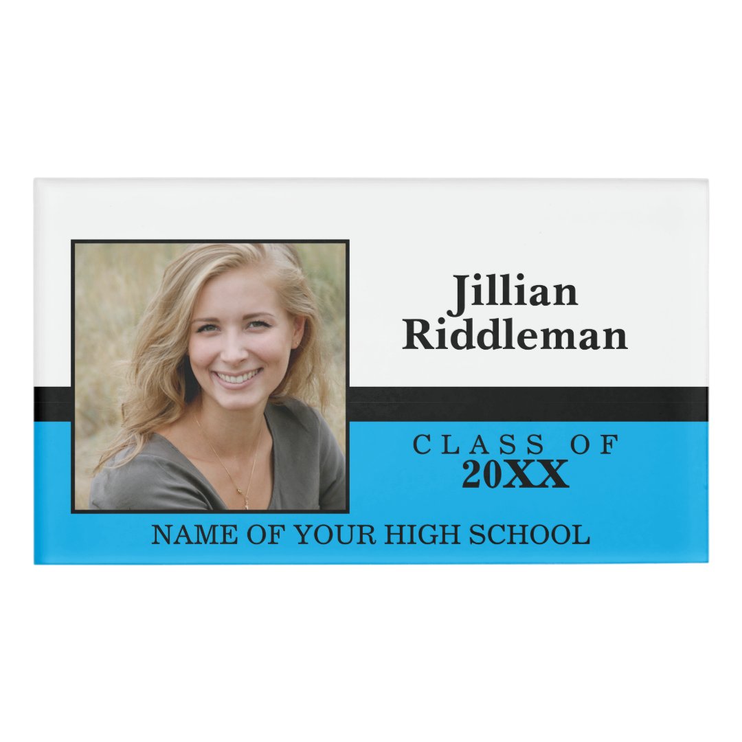 Photo School Reunion - Baby Blue, Black and White Name Tag | Zazzle