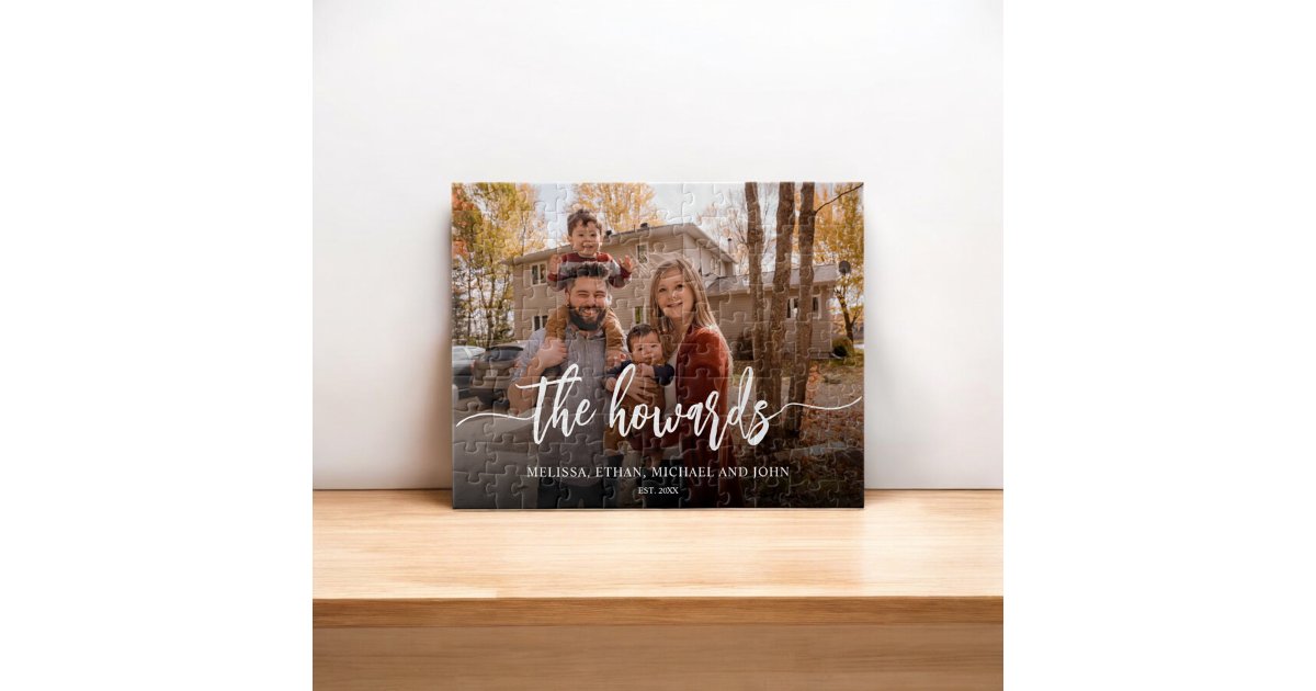 Photo Script Calligraphy Family Jigsaw Puzzle | Zazzle
