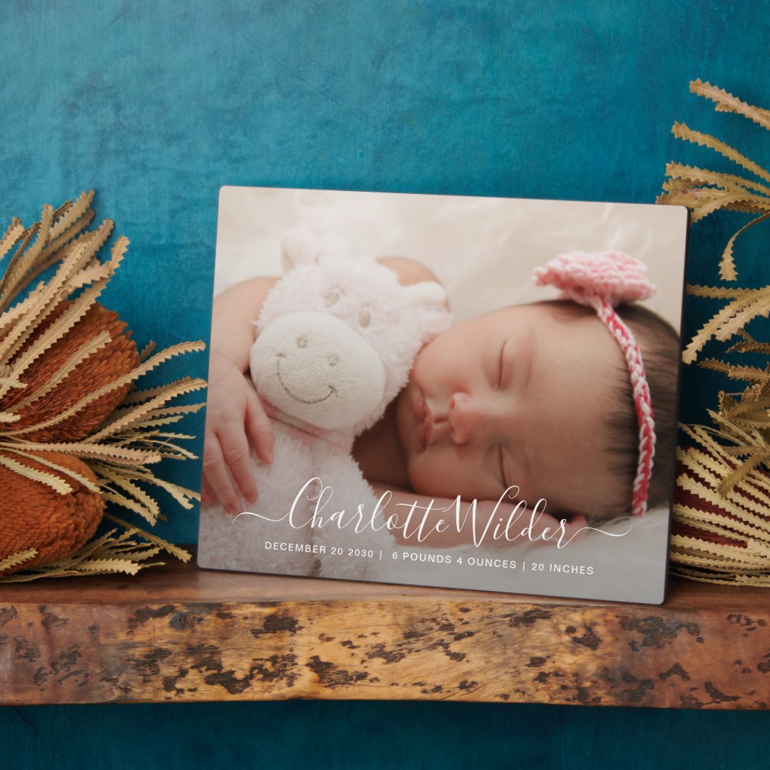 Photo Script Name Overlay Birth Announcement Plaque | Zazzle